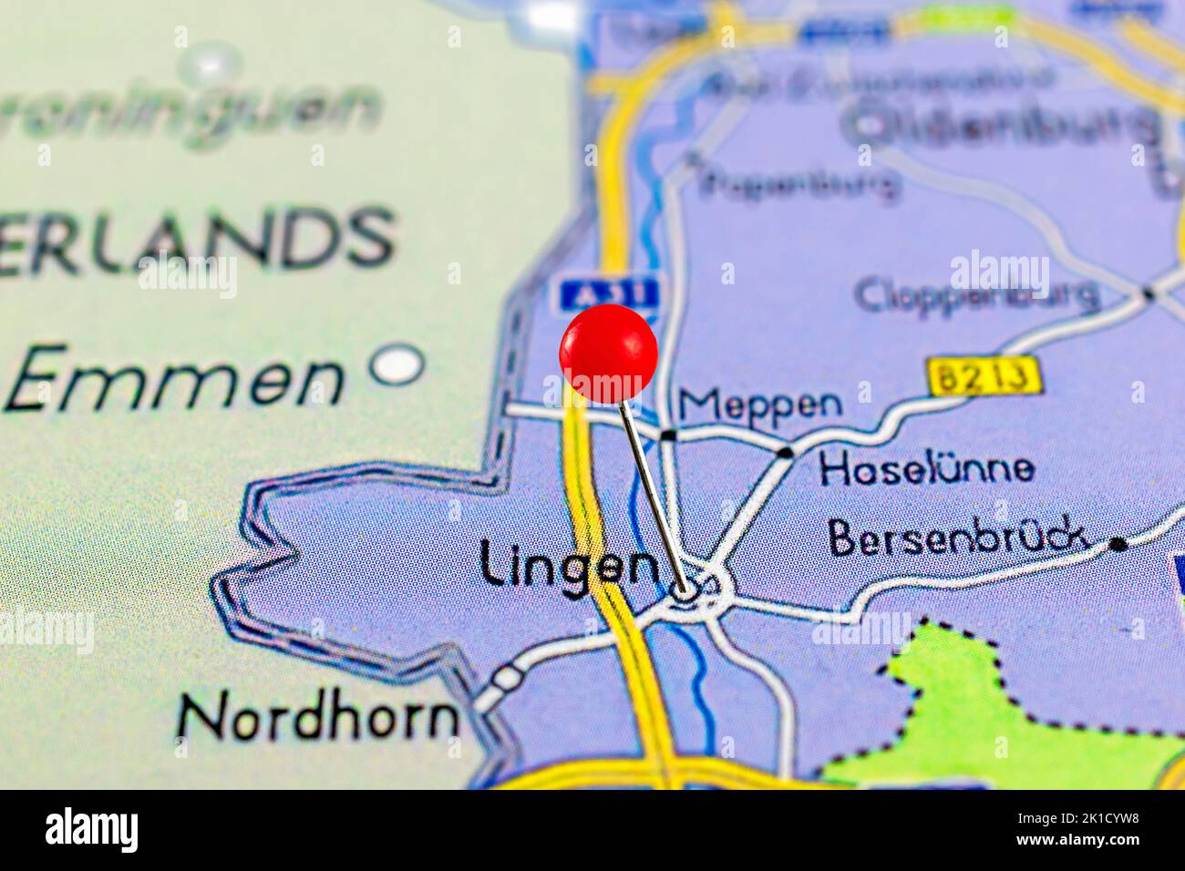 Lingen map. Close up of Lingen map with red pin. Map with red pin point ...