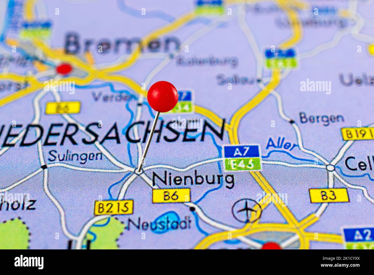 Neinburg map. Close up of Neinburg map with red pin. Map with red pin ...