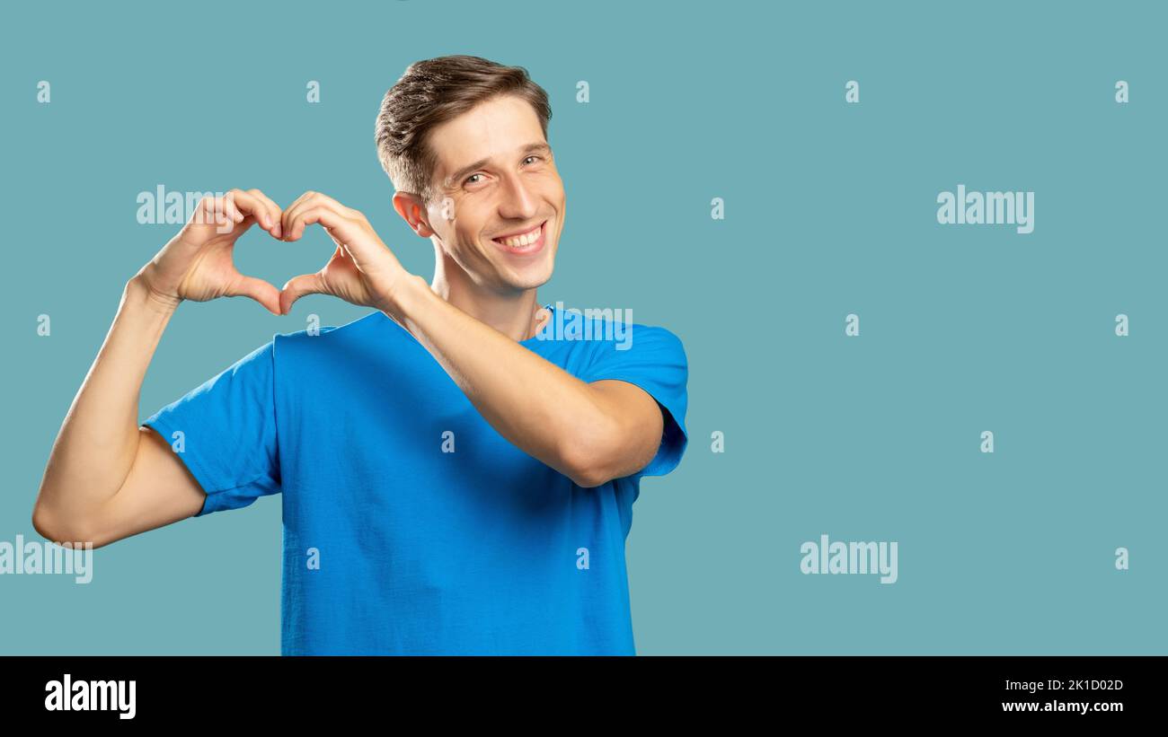Man in love. Heart gesture. Affection feelings. Romantic emotion. Happy ...