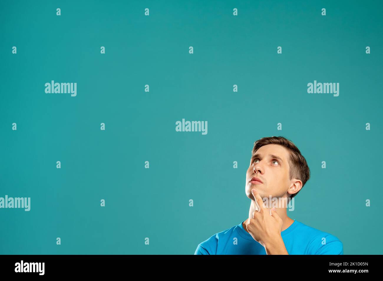 Doubtful man. Make decision. Information banner. Create plans. Puzzled ...