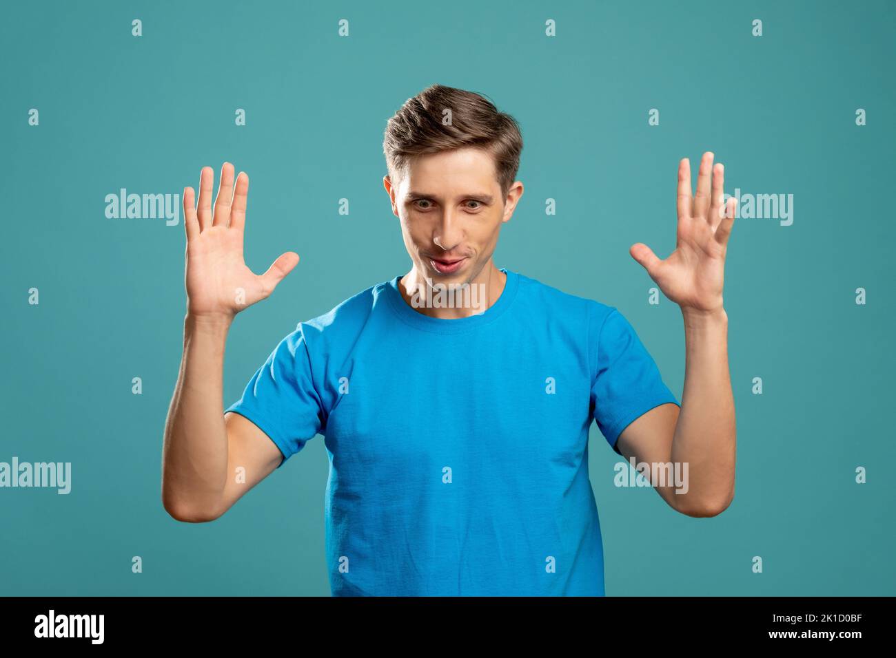 Shocked man. Wow emotion. Invisible present. Unbelievable think ...