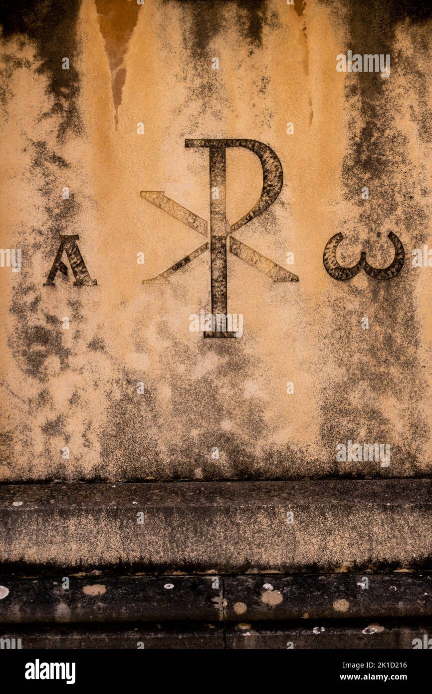 monogram of Christ, alpha and omega, Alaró Cemetery, Mallorca, Balearic ...