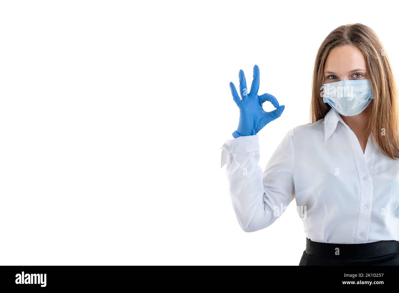 Ok gesture. Nice work. Covid-19 prevention. Stay safe. Woman in office ...