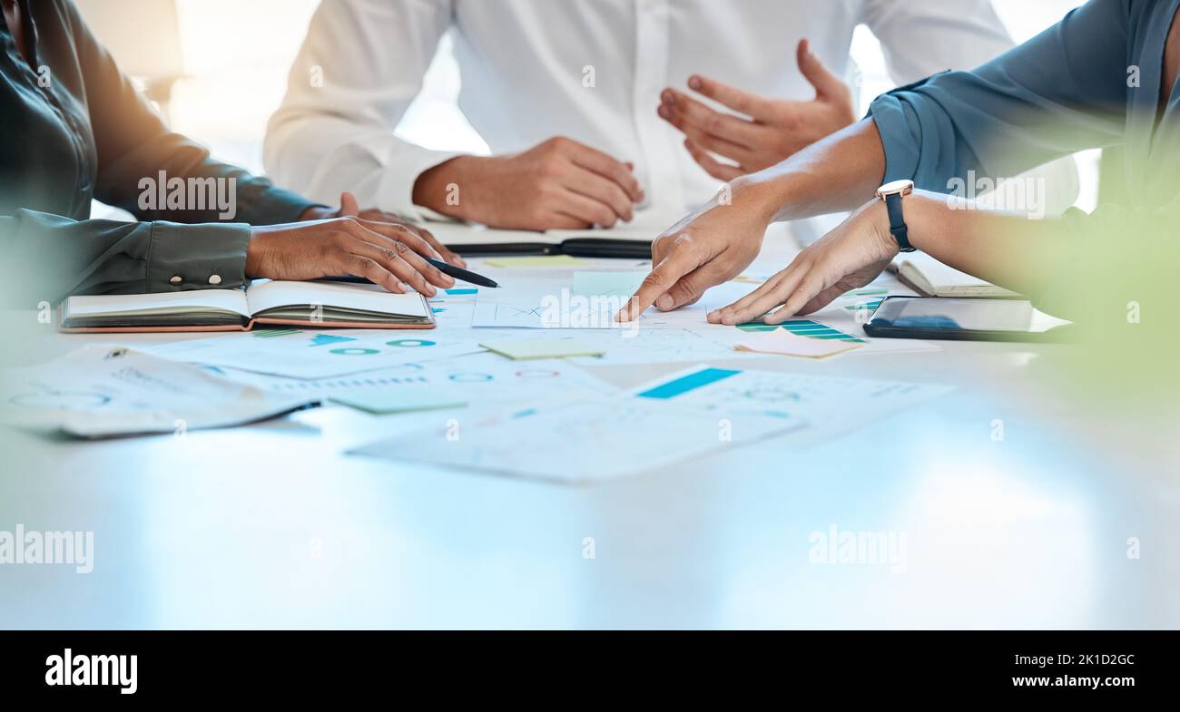 Financial meeting, infographic and closeup of business people and team ...