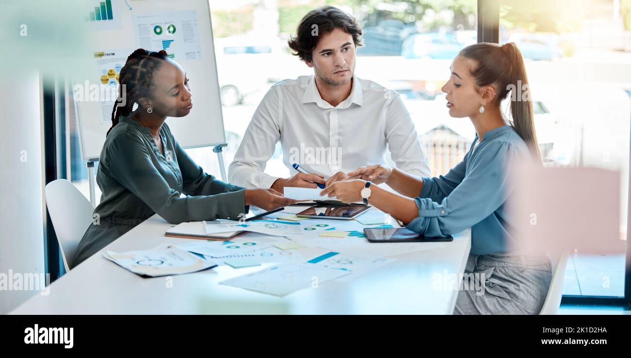 Business teamwork, marketing paperwork and planning annual report ...