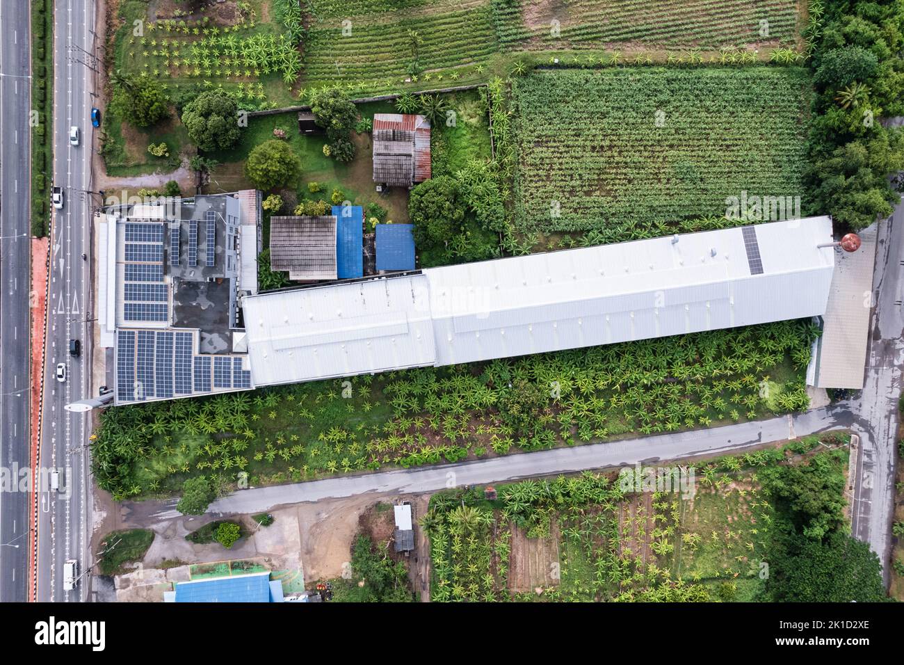 Aerial view of photovoltaic solar panels or solar cells installed at ...