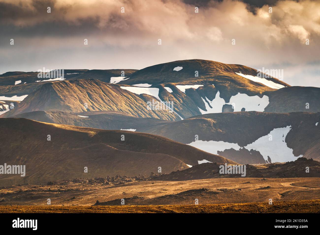 Majestic landscape of volcanic mountain range with snow covered in ...