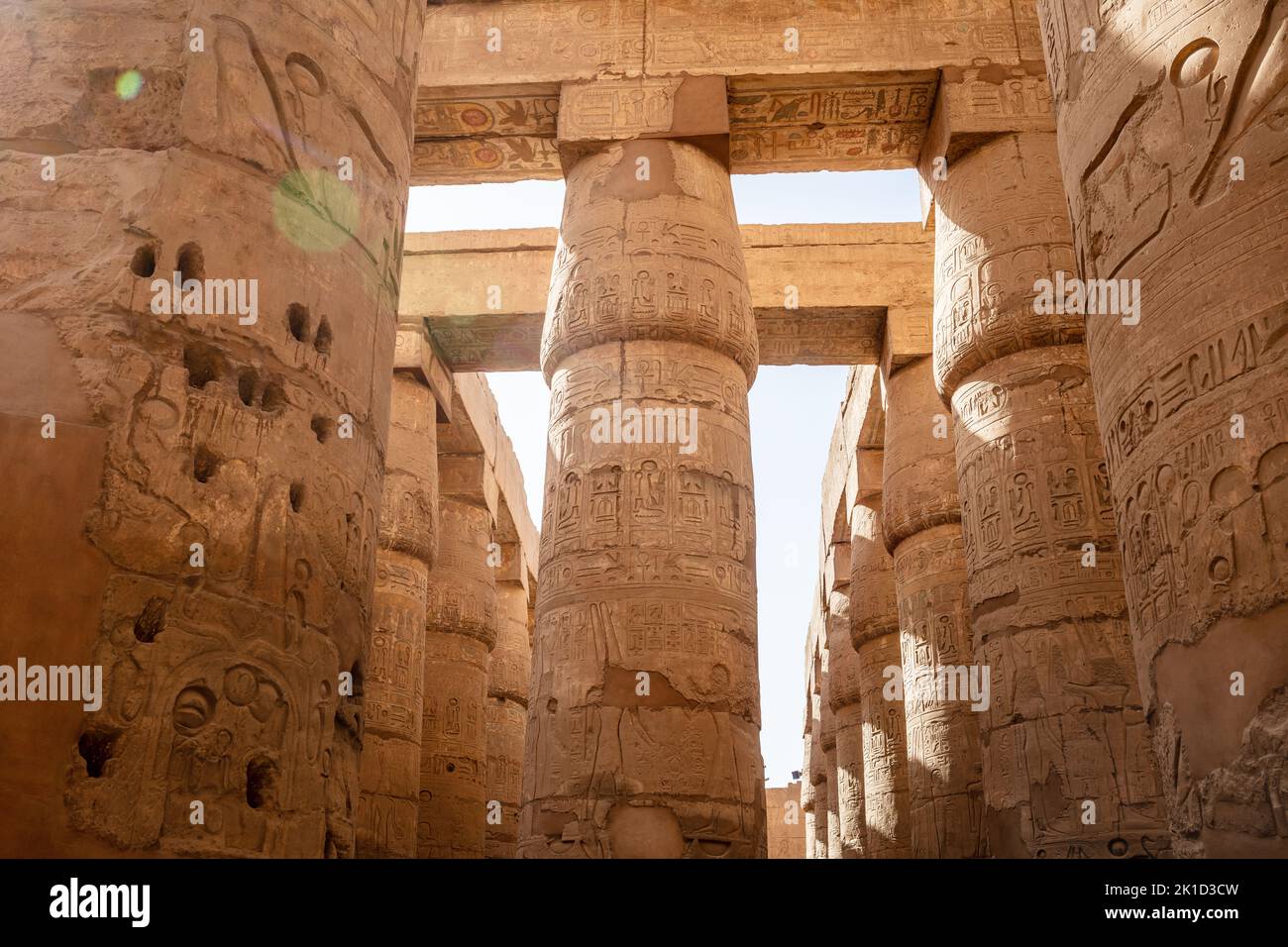 Different hieroglyphs on the walls and columns in the Karnak temple. Karnak temple is the ...