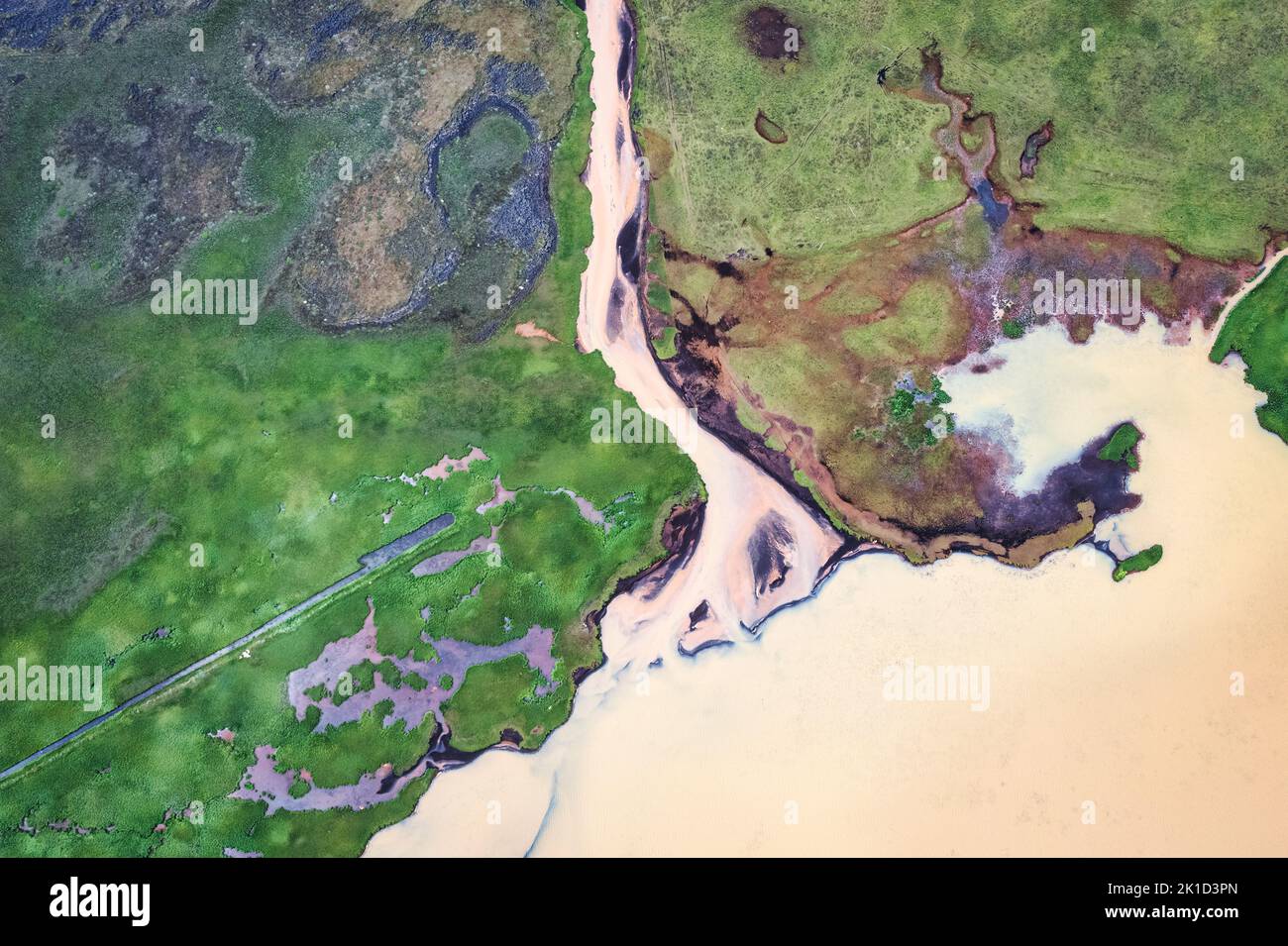 Aerial view of idyllic mineral geological yellow sea flowing to the ...