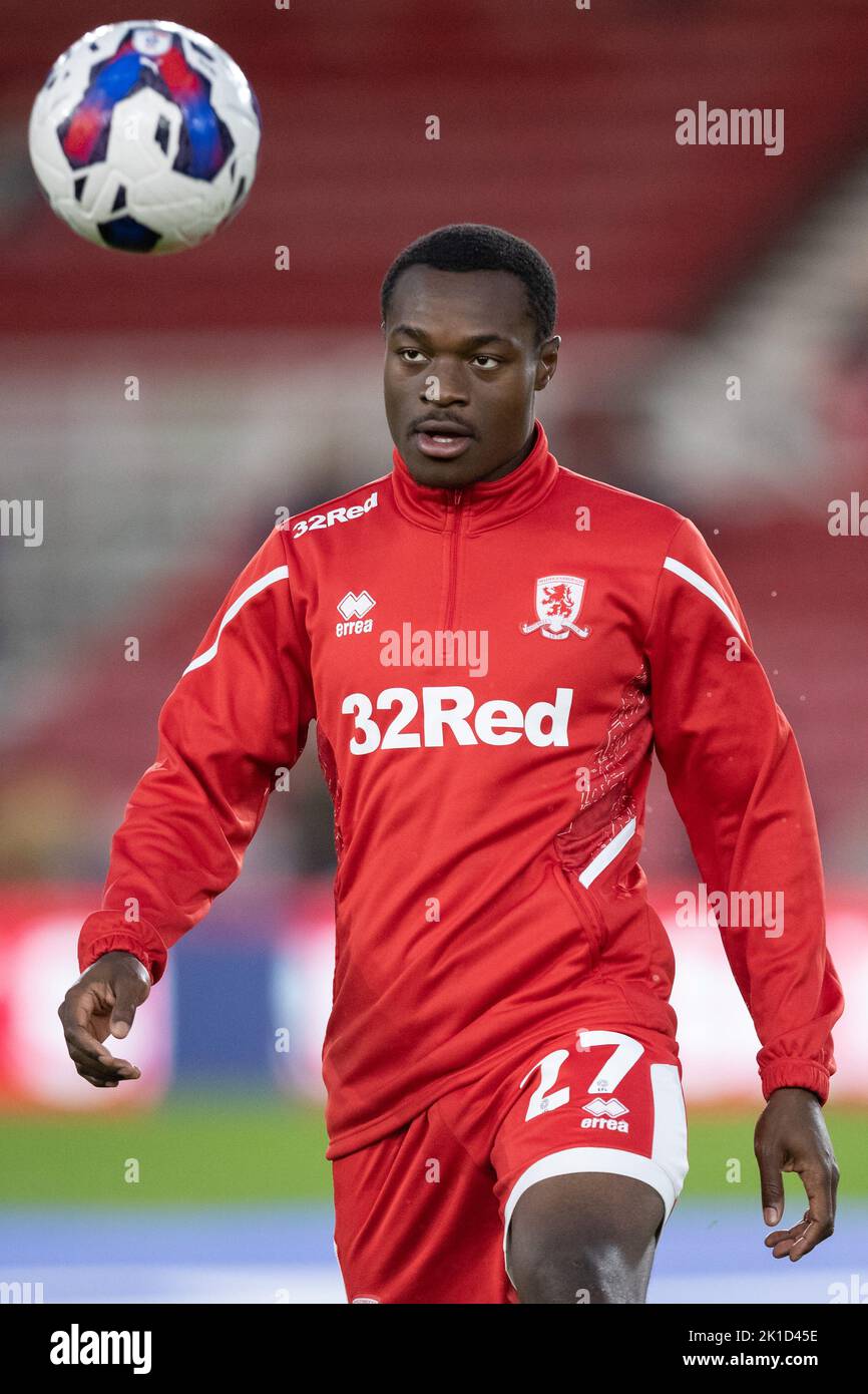 Marc Bola #27 of Middlesbrough during the pre match warm up ahead of ...