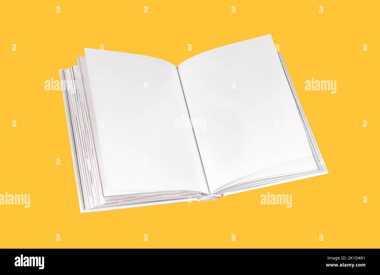 Open book mockup with white blank pages on yellow background. Reading ...