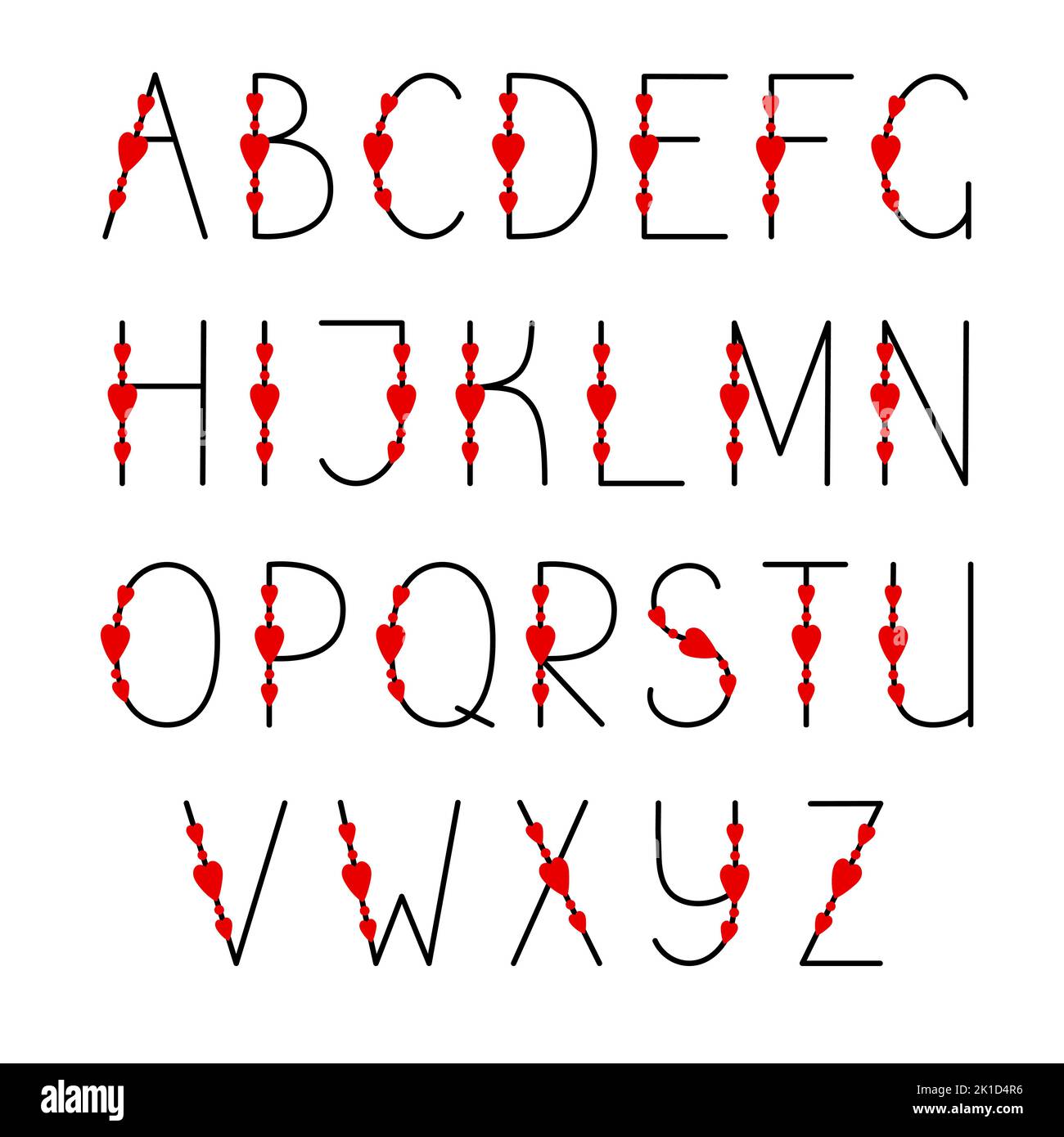 Letters of English alphabet decorated with hearts uppercase outline ...