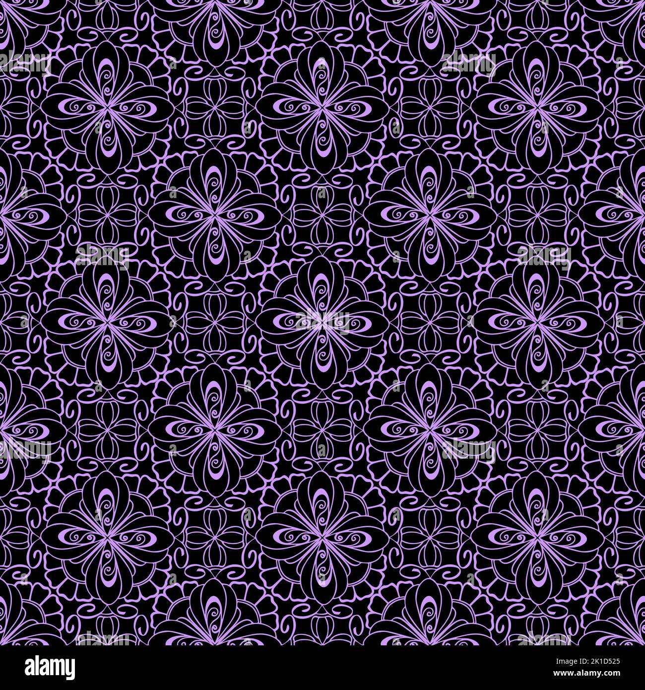 seamless graphic pattern, floral lilac ornament tile on black ...