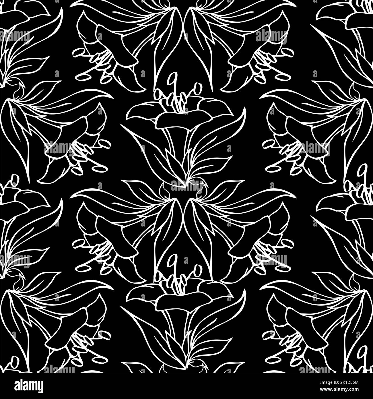 seamless contour pattern of large white graphic flowers on a black ...