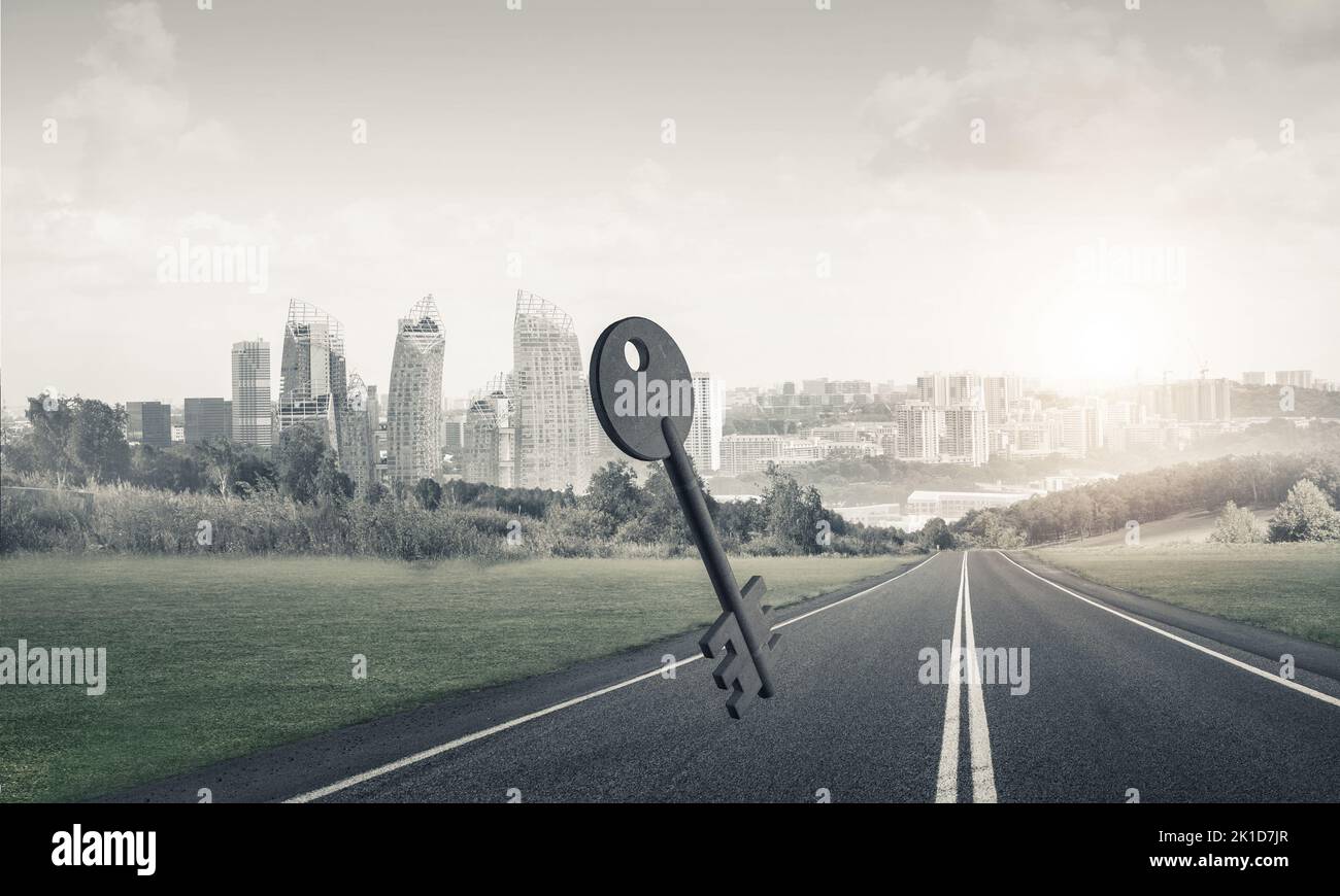 Conceptual background image of concrete key sign on asphalt road Stock ...