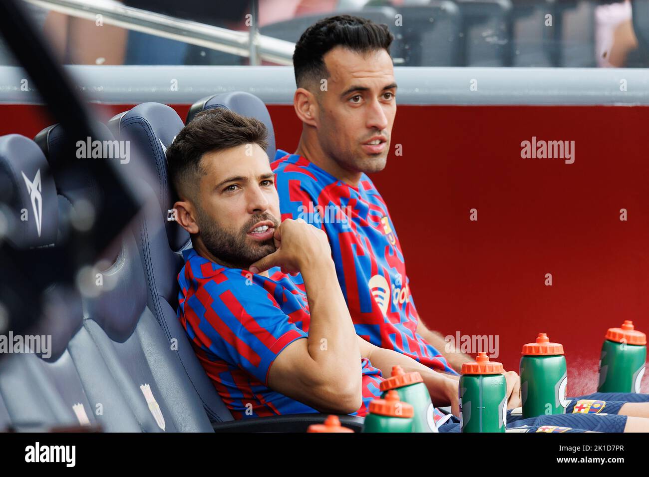 Barcelona, Spain. 17th Sep, 2022. Alba (L) and Busquets (R) sit on the ...