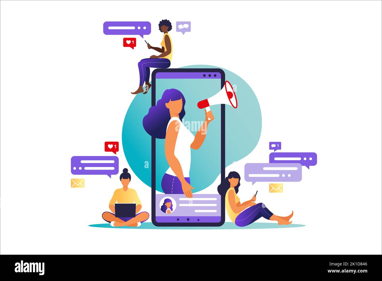 Woman with megaphone on screen mobile phone and young people ...