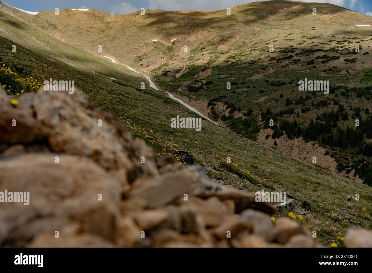 A scenic landscape of green fields on a hill under sunlight and shadow ...