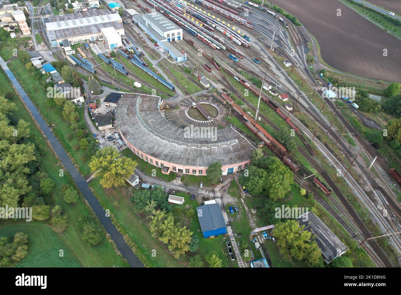 Railway turntable for locomotives aerial panorama landscape view ...