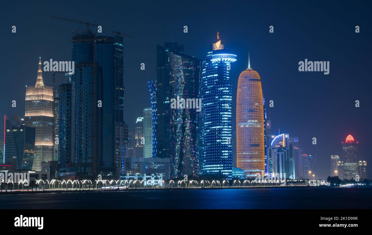 Doha,Qatar- September 09,2022 : Coloruful skyline of Doha city center ...