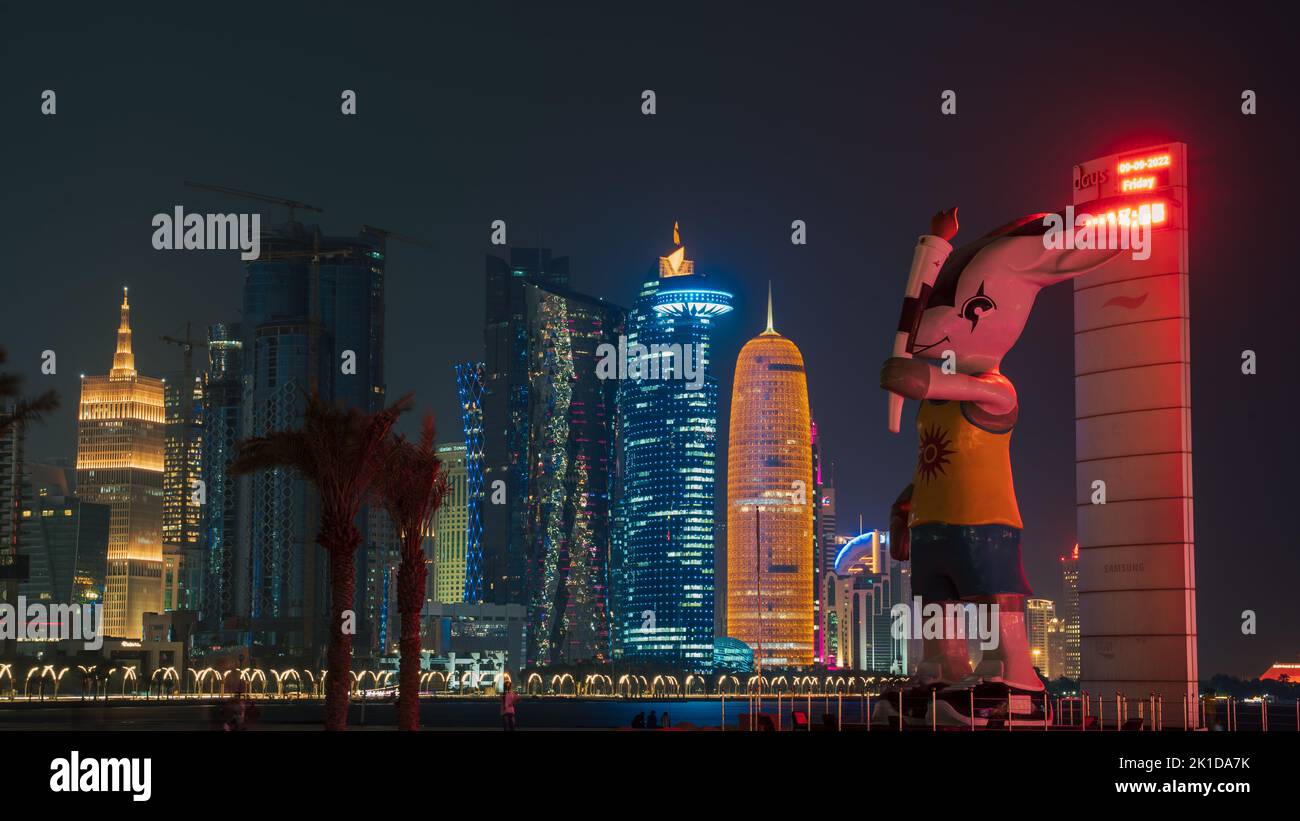 Doha,Qatar- September 09,2022 : Qatar skyline with Orry The Oryx in the ...