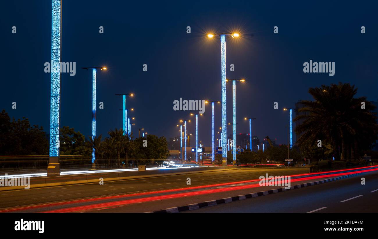 Doha,Qatar- September 09,2022 : Qatar airport highway during night with ...