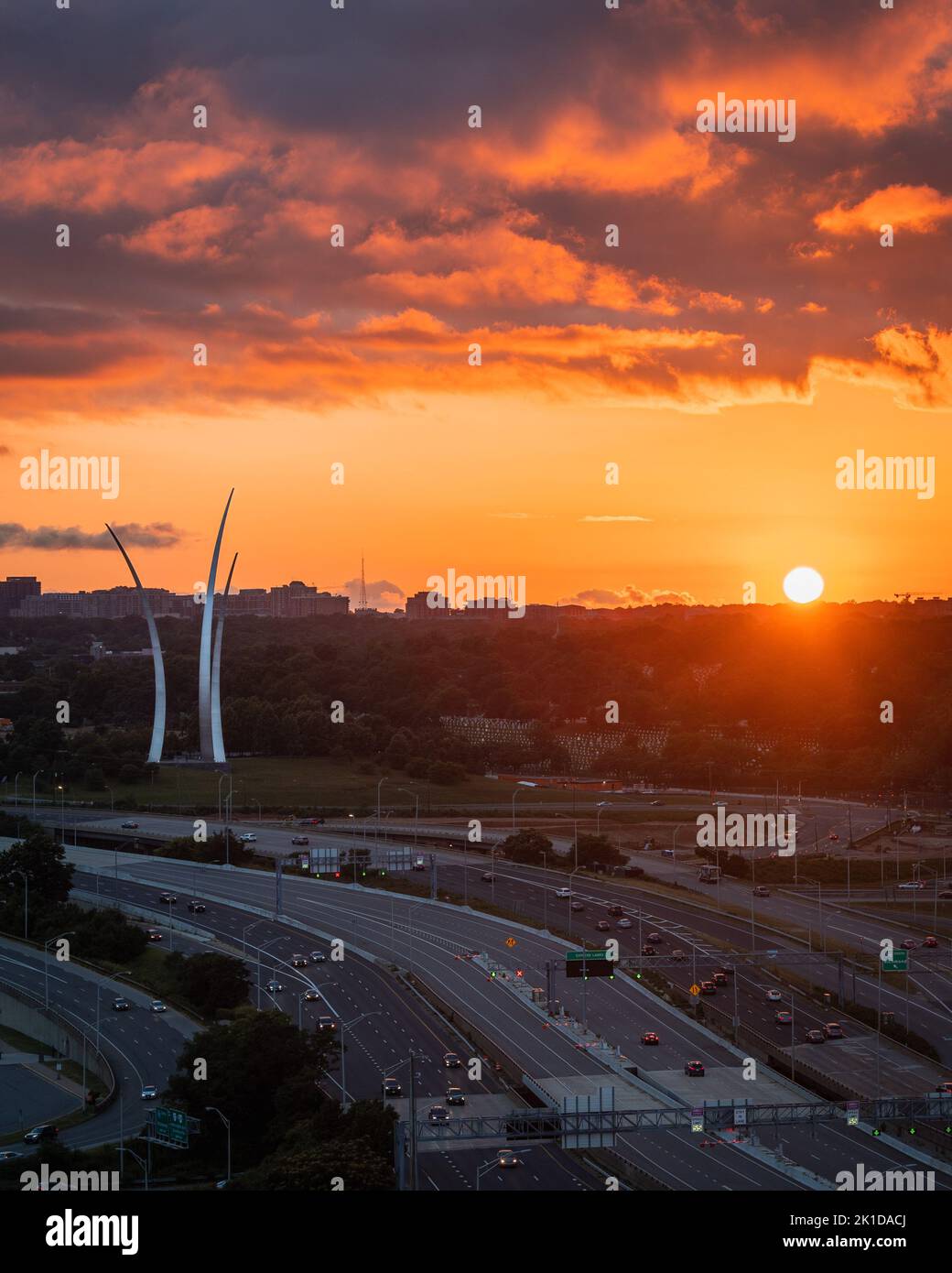 A high-angle vertical shot of a sunset over the US Air Force Memorial ...