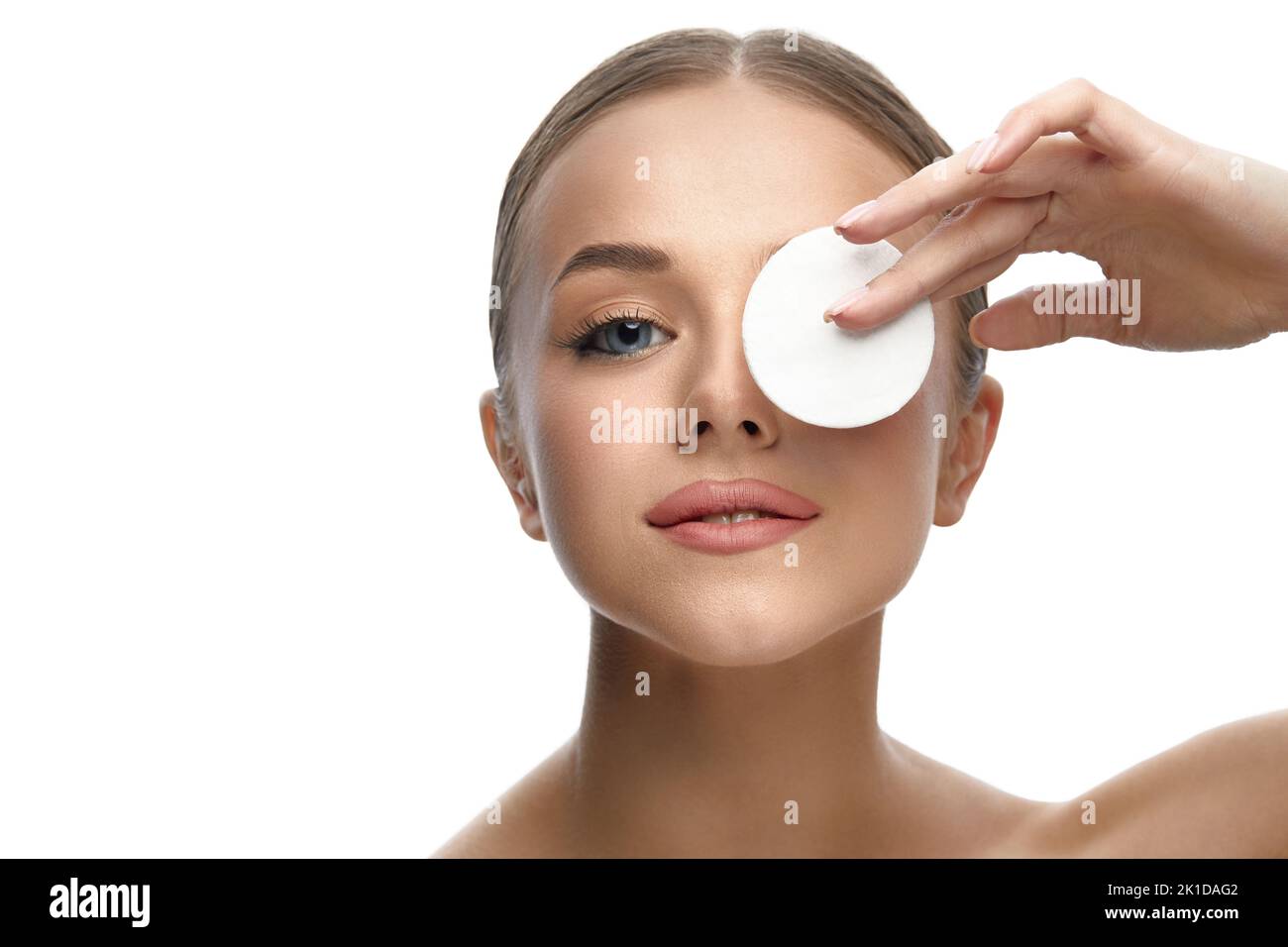 Woman Cleaning Face With White Pad. Beautiful Girl Removing Makeup ...