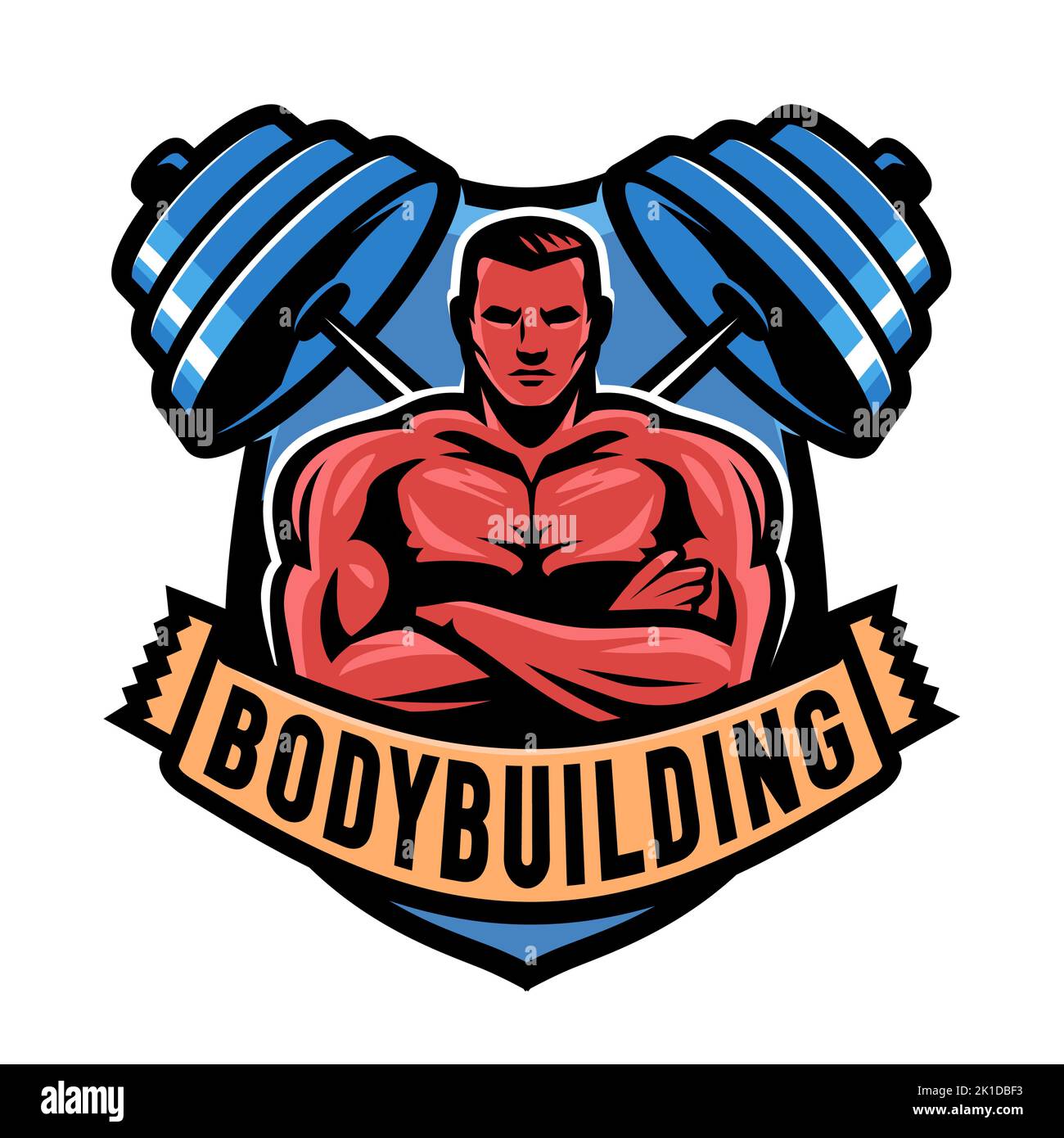 Bodybuilding emblem. Muscular strong bodybuilder and barbell. Gym logo or badge vector ...