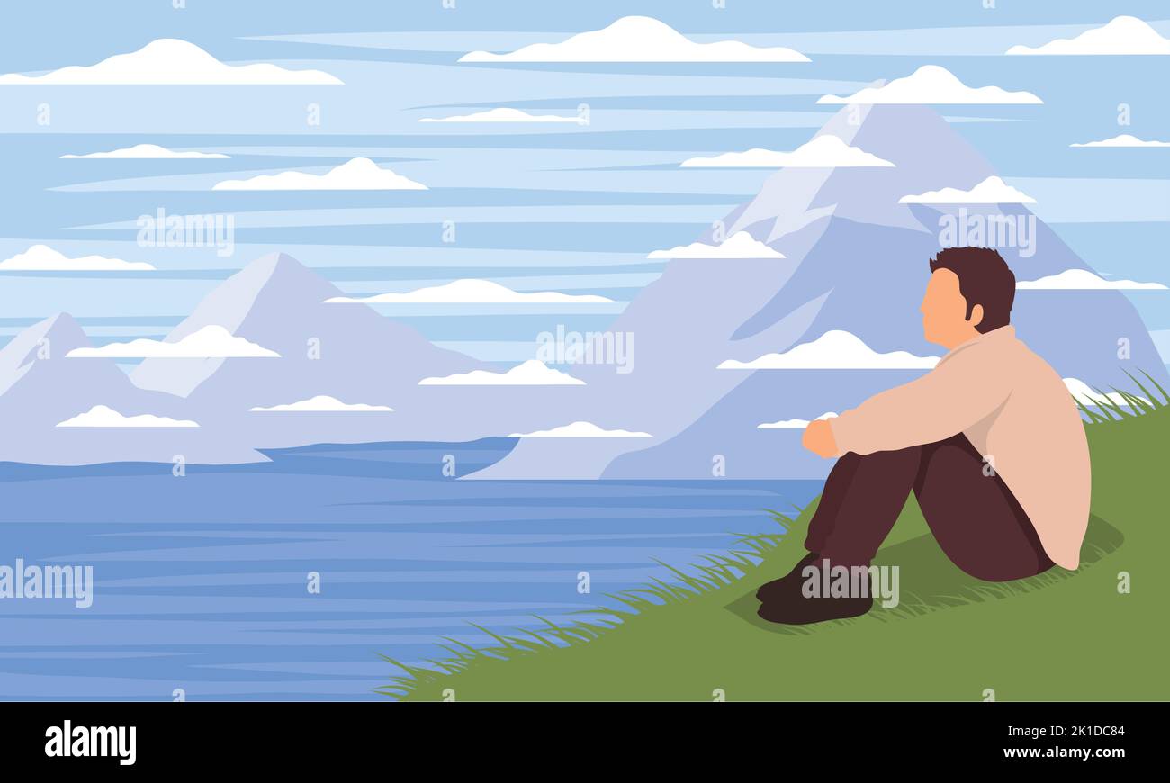 male traveler seated in the lake scene Stock Vector Image & Art - Alamy