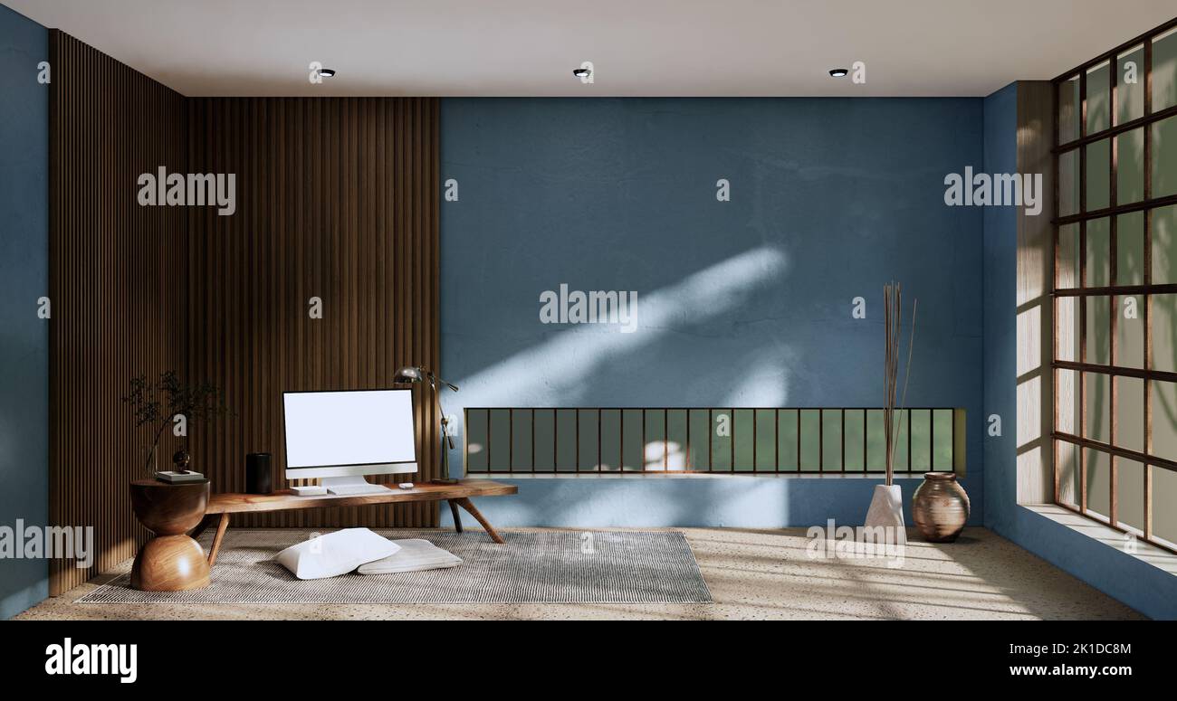 blue room and wood panels wall background 3D illustration rendering ...