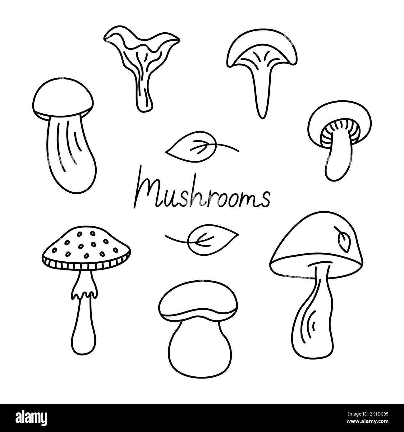 Mushrooms groovy doodle cartoon set. Different types of mushrooms ...