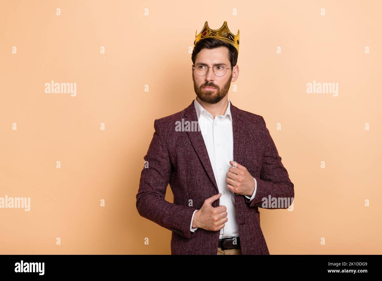 Photo of attractive macho gentleman with crown adjust costume visit ...