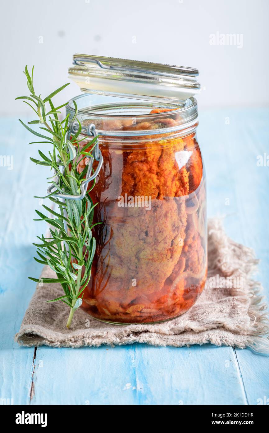 Roasted mackerel marinated in vinegar with onion in jar. Mackerel ...