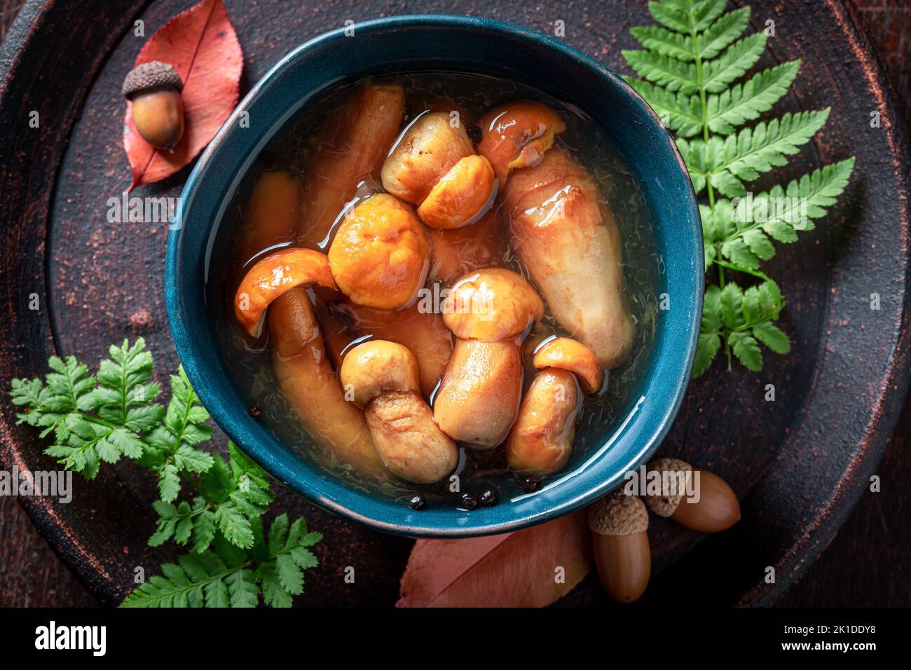 Healthy and homemade boletus mushrooms in vinegar pickle. Pickled ...