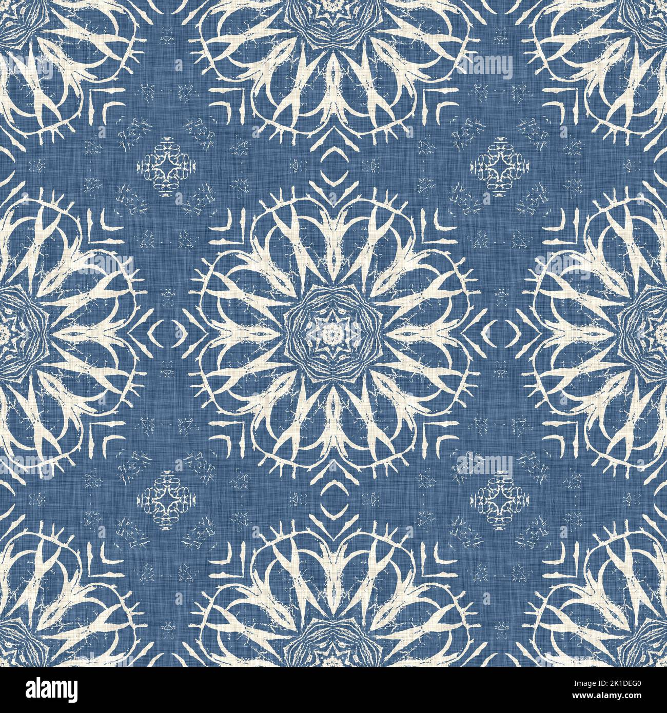 Farmhouse blue snow flake pattern background. Frosty batik damask ...