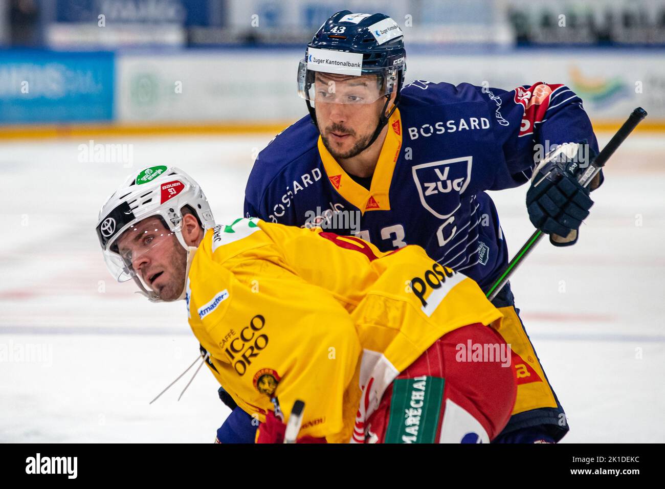 Jan Kovar #43 (EV Zug) face-off against #93 Nolan Diem (Tigers) during ...