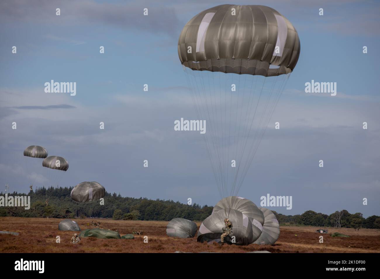 A group of U.S. Army and European Paratroopers descends onto the Drop ...