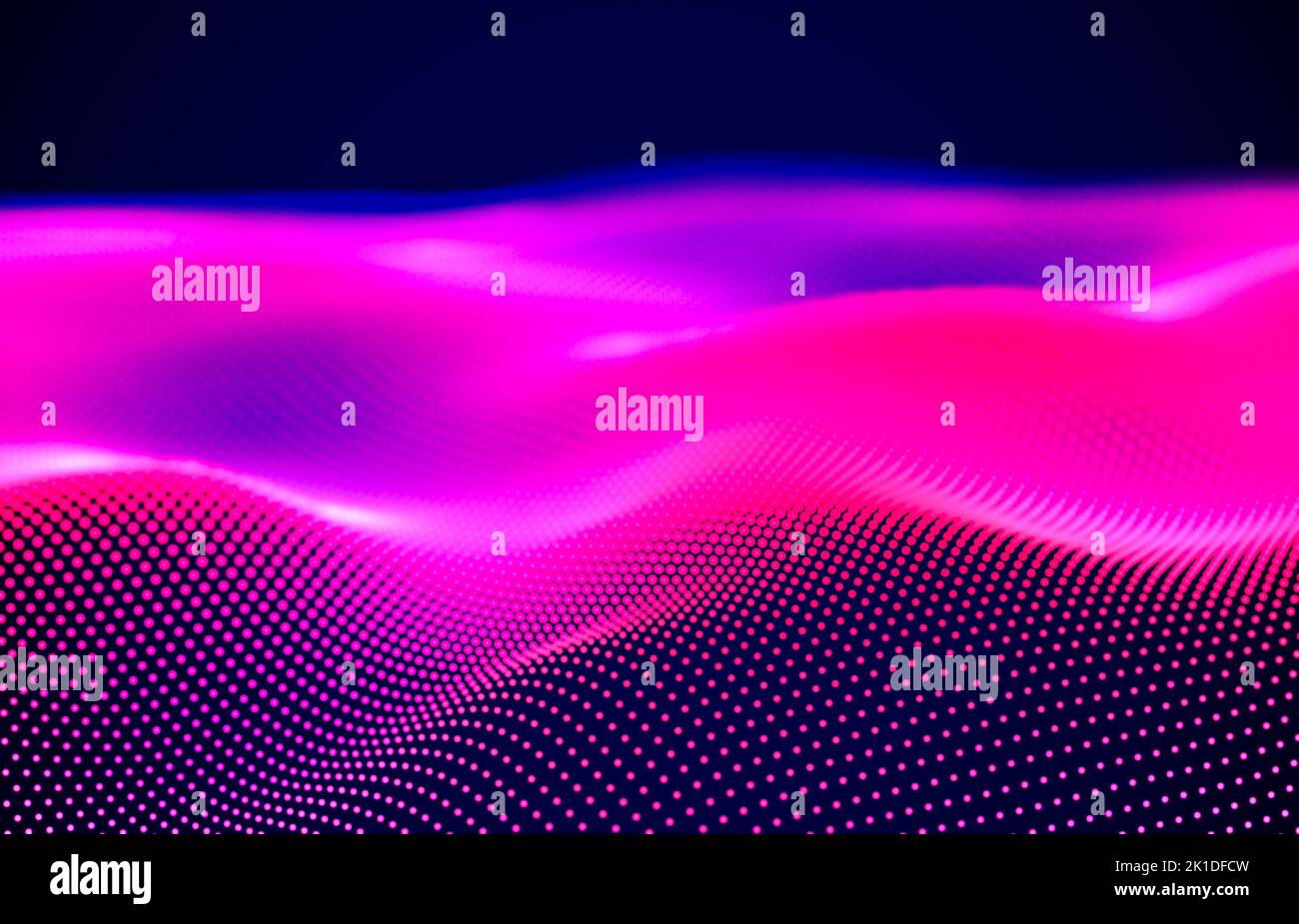 Abstract landscape of Neon digital particles or sound waves. Big data ...