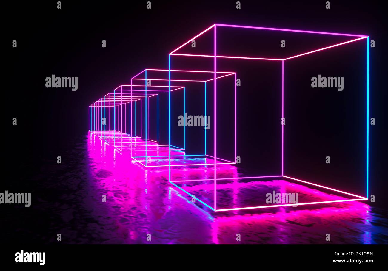 Futuristic sci-fi concrete room with glowing neon. Virtual reality ...