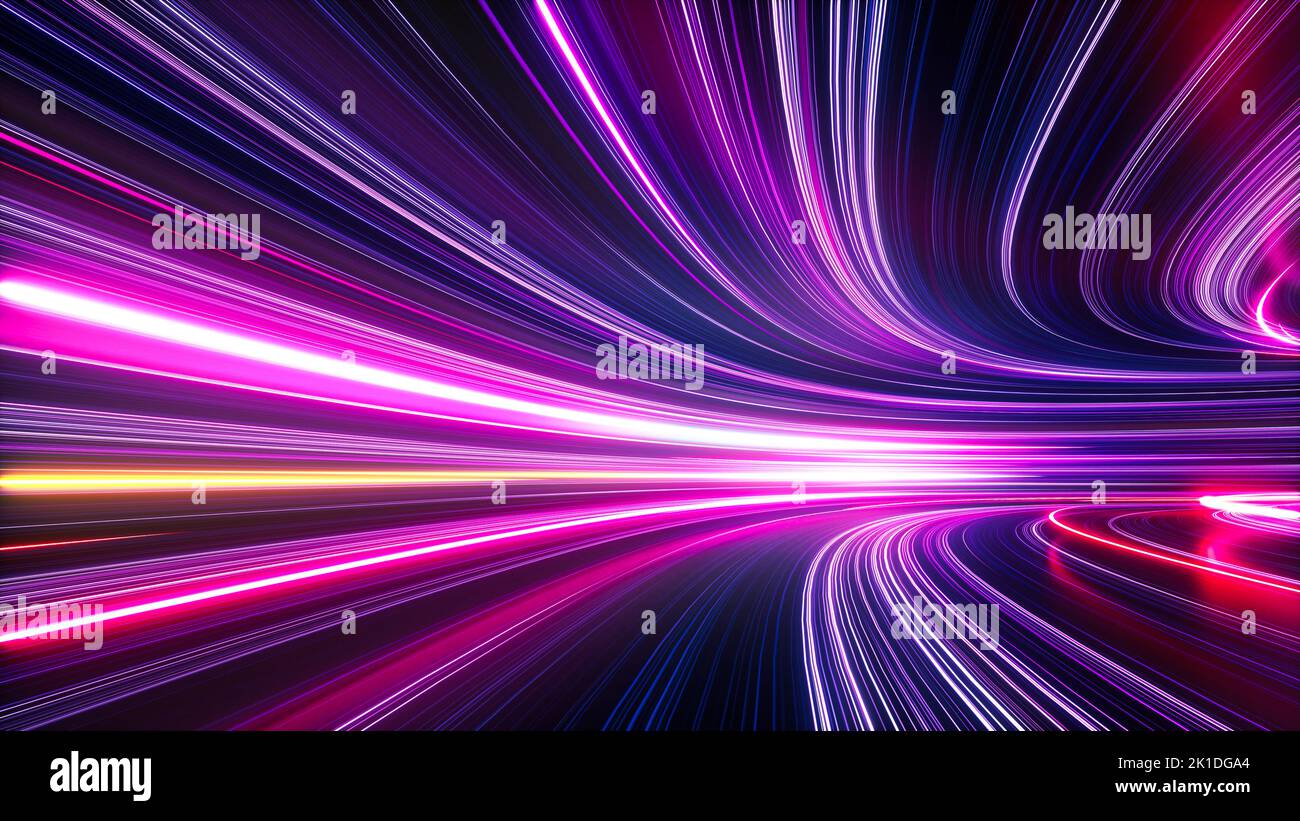 3d render, abstract neon background, space tunnel turning to left ...