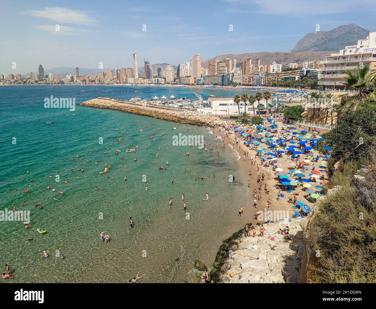 Aerial view of the popular Spanish Mediterranean beach resort town ...