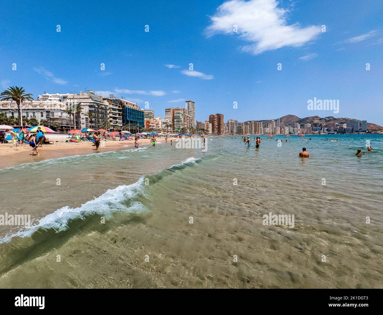 Aerial view of the popular Spanish Mediterranean beach resort town ...