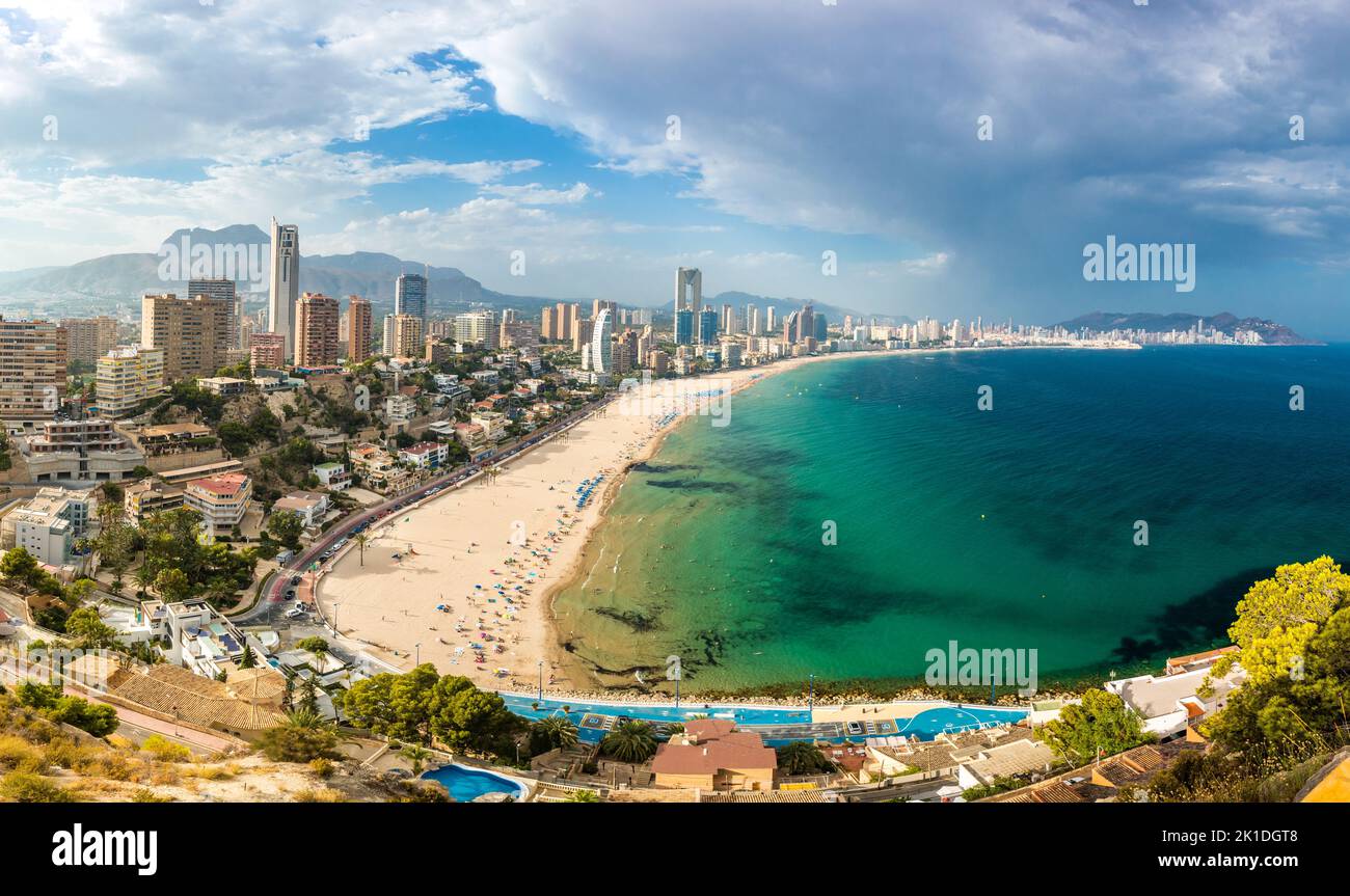 Aerial view of the popular Spanish Mediterranean beach resort town ...