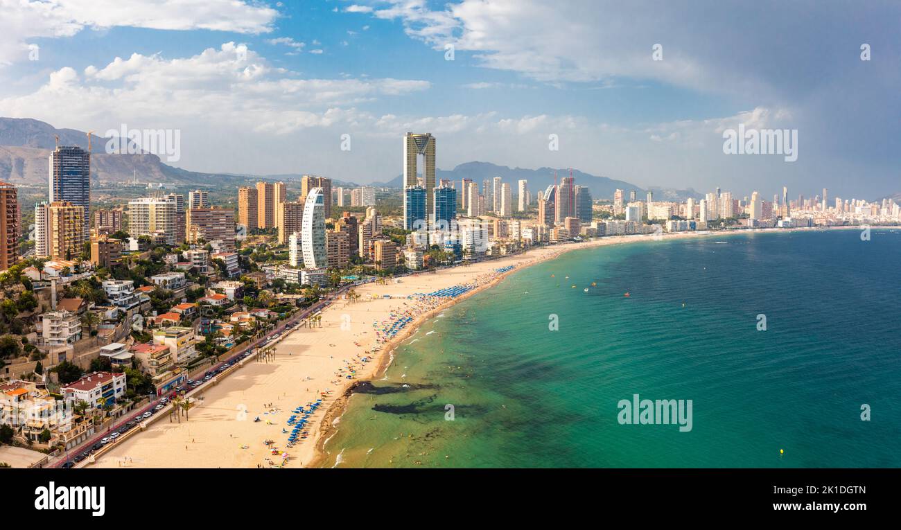 Aerial view of the popular Spanish Mediterranean beach resort town ...