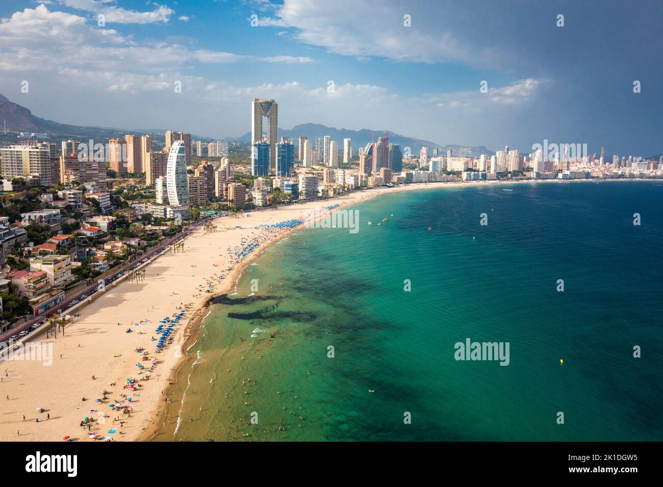Aerial view of the popular Spanish Mediterranean beach resort town ...