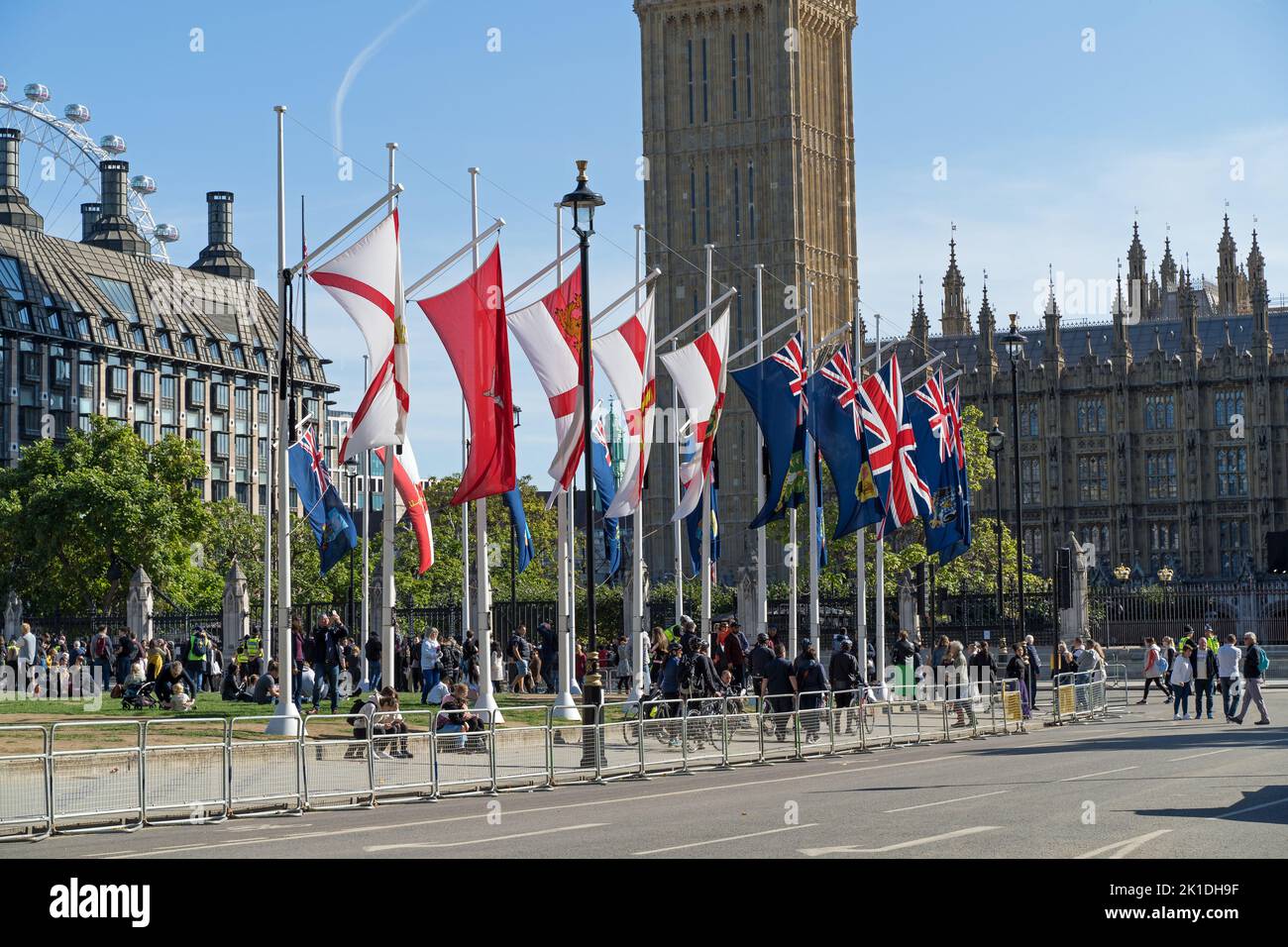 Flags of the Commonwealth hanging up in Parliament Square ready for the ...