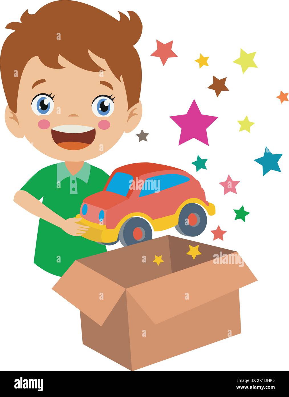 happy boy in red car coming out of toy box Stock Vector Image & Art - Alamy