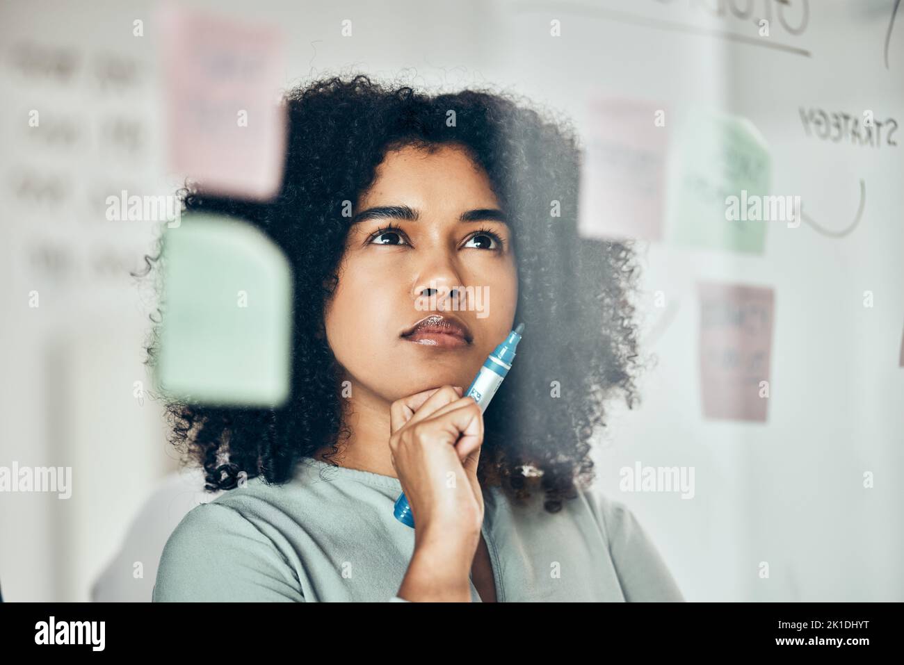 Thinking of marketing strategy on sticky note, post it paper for ...