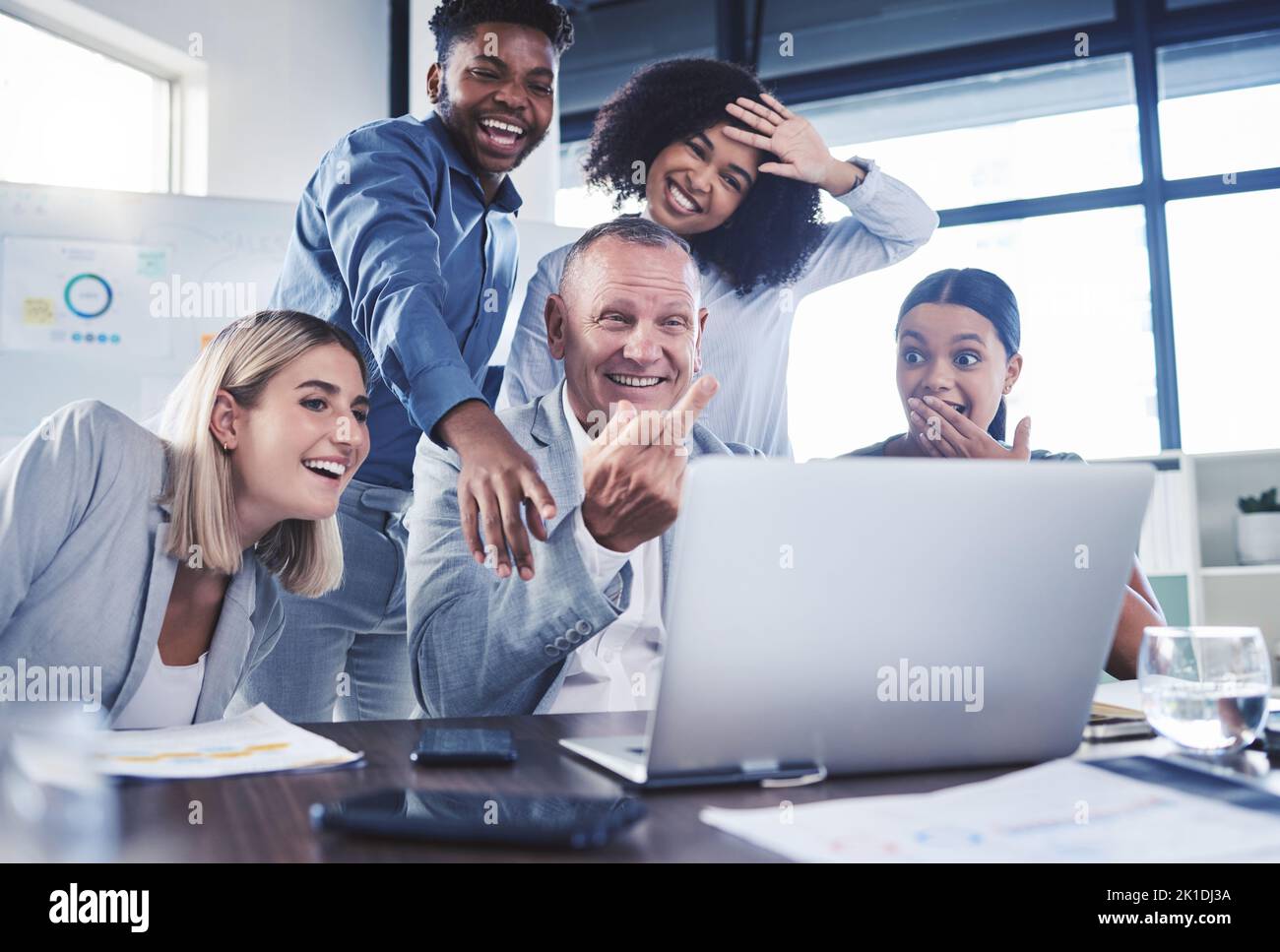 Rude, middle finger and crazy business people in video conference with ...